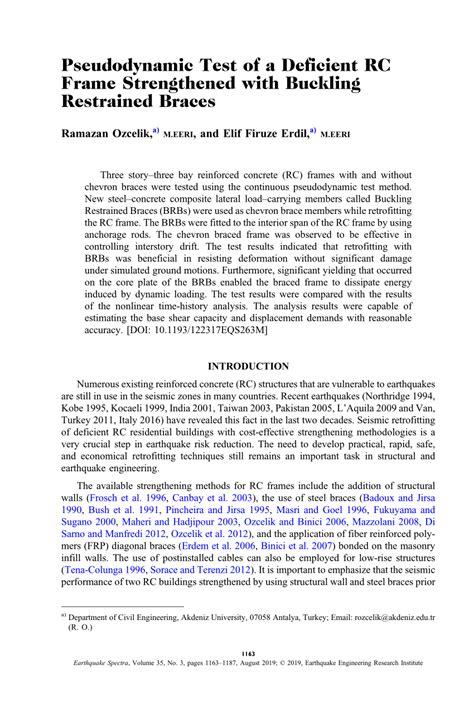 Pdf Pseudodynamic Test Of A Deficient Rc Frame Strengthened With Buckling Restrained Braces