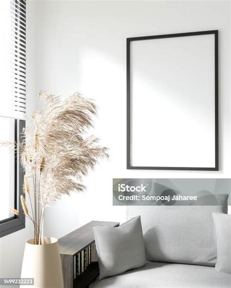 하얀 벽 흰색과 회색 소파 꽃병 램프 책 고급 인테리어 디자인 아파트 3d 렌더링에 큰 빈 흰색 포스터 프레임 0명에 대한 스톡 사진 및 기타 이미지 Istock
