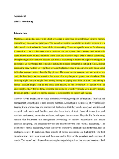 Mental Accounting Assignment Comlete Pdf Psychological Concepts
