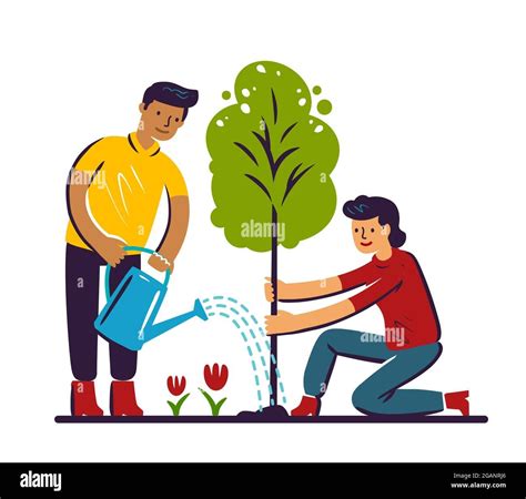 Descargar Este Vector Gente Voluntarios Planta árbol Cuidado Del