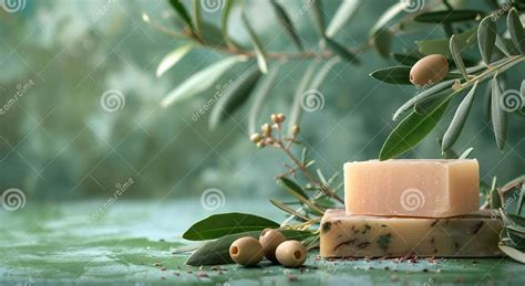 Natural Handmade Olive Oil Soap Bar With Green Leaves On A Rustic