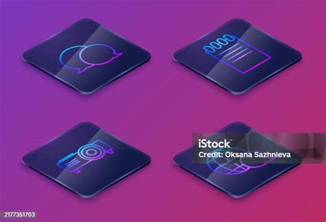 아이소 메트릭 라인 말풍선 채팅 프레젠테이션 영화 영화 미디어 프로젝터 말풍선으로 만든 노트북 및 세계지도를 설정합니다 파란색 사각형 버튼입니다 벡터 0명에 대한 스톡 벡터