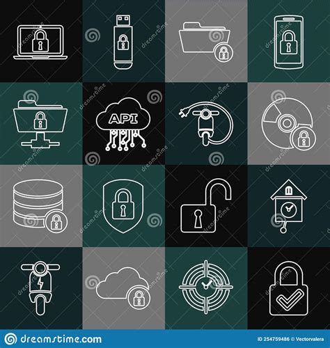 Set Line Lock And Check Mark Retro Wall Watch Cd Or Dvd Disk With Lock Folder Cloud Api