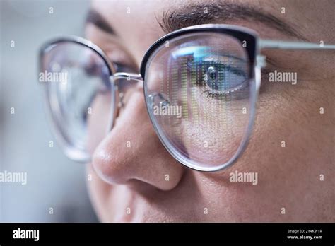 Closeup Reading Or Woman With Glasses And Coding Reflection For Vision Eyes Healthcare Or