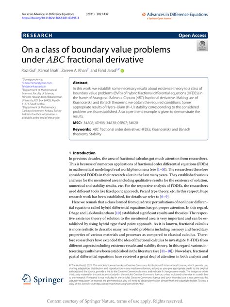 Pdf On A Class Of Boundary Value Problems Under Abc Fractional Derivative