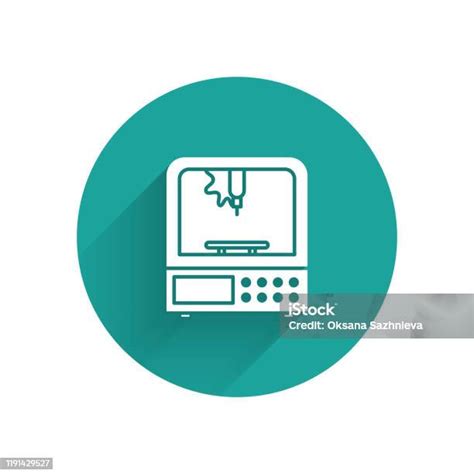 긴 그림자로 분리된 흰색 3d 프린터 아이콘입니다 녹색 원 버튼입니다 벡터 일러스트레이션 0명에 대한 스톡 벡터 아트 및 기타