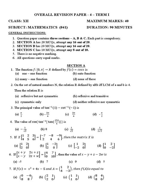 Overall Revison Paper 4 Term 1 Mathematics Pdf Maxima And Minima Function Mathematics