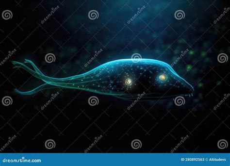 Deep Sea Creature Swimming Past Field Of Bioluminescent Plankton Stock