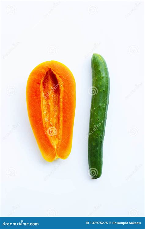 Cucumber And Papaya On White Background Sex Concept Stock Image Image Of Background Healthy