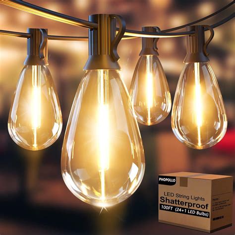 Phopollo Patio Dimmable Led String Lights 100ft E12 Edison Bulbs