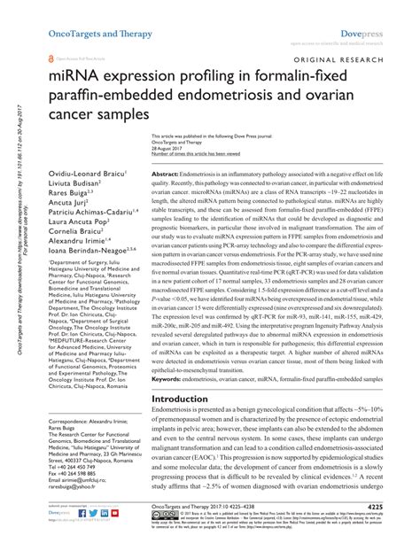 Pdf Mirna Expression Profiling In Formalin Fixed Paraffin Embedded Endometriosis And Ovarian