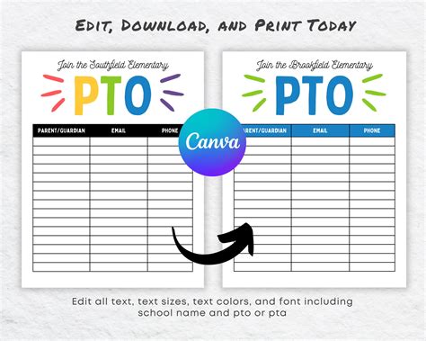 Pto Sign Up Sheet Editable Canva Template Edit For Pta Etsy