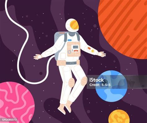 우주 우주복에있는 사람 다채로운 우주 비행사 발견 우주 행성 별 우주 비행 성간 임무 우주선을위한 우주 보행자의 이격 헬멧 화려한 벡터 일러스트 레이 션 색칠하기에 대한