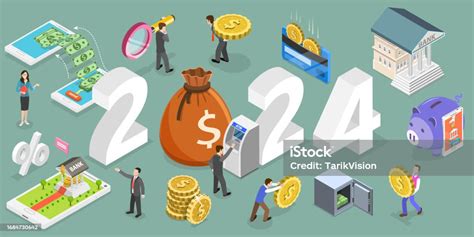 2024년 새해의 은행 및 금융 서비스 동향에 대한 3d 아이소메트릭 플랫 벡터 개념 그림 2024년에 대한 스톡 벡터 아트 및 기타 이미지 2024년 통화 가계
