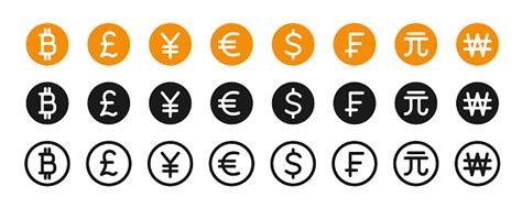 통화 아이콘 집합입니다 인기 있는 국제 통화 기호입니다 달러 유로 프랑 파운드 엔 비트코인 벡터 스위스 통화에 대한 스톡 벡터