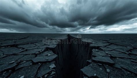 Dramatic Fissure Cuts Through Dark Rocky Terrain Under Ominous Grey Sky Raw Power Of Nature