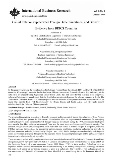 Pdf Causal Relationship Between Foreign Direct Investment And Growth Evidence From Brics