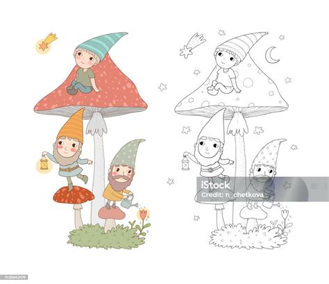 귀여운 만화 놈들은 버섯에서 자고 있습니다 작은 나무 엘프 모자에 쾌활한 소년 색칠 공부 책을위한 일러스트레이션 단색 및 컬러