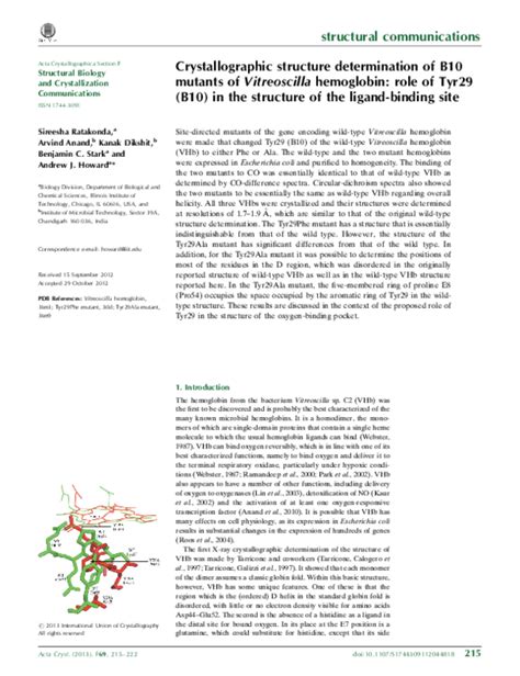 Pdf Structure Of Vitreoscilla Hemoglobin B10 Mutants And Role Of Tyr29
