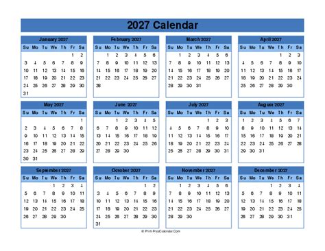Download Editable Calendar 2027 Sunday Start Pdf Word Excel