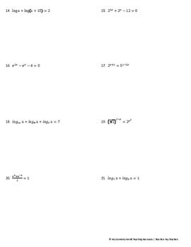 Precalculus Worksheet Solving Exponential And Logarithmic Equations