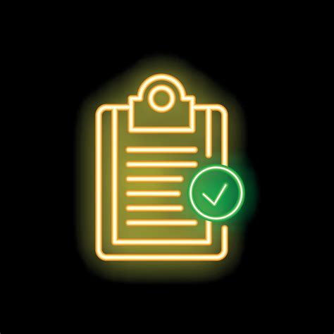 Neon Green Check Mark On Clipboard Representing Completed Task On Black Background 52795570