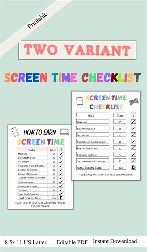 Screen Time Chart Checklist Editable Screen Time Chore Chart Screen Time Tracker Bed Time