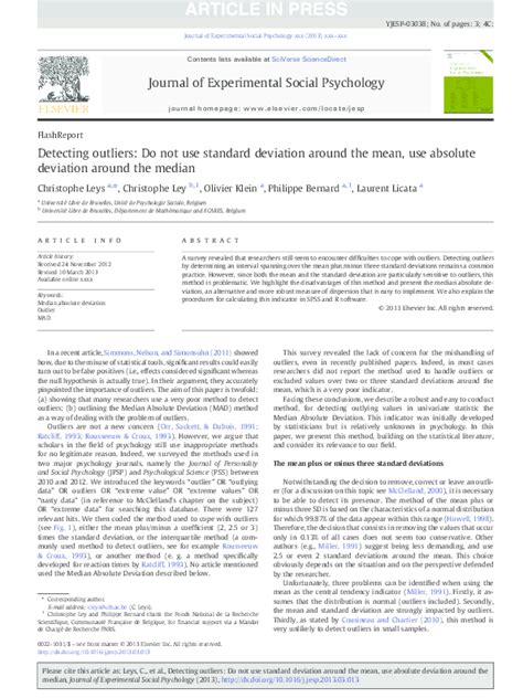 Pdf Detecting Outliers Do Not Use Standard Deviations Around The Mean Do Use The Median