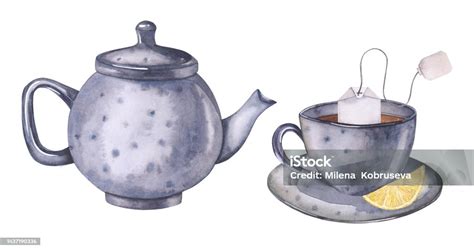 레몬이 있는 수채화 그림 차 세트 흰색 배경에 격리된 손으로 그린 카드 패키지 디자인 조리 기구에 대한 차 세트 그림 구도에 대한 스톡 벡터 아트 및 기타 이미지 Istock