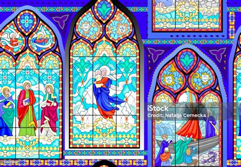 이음새가 없는 패턴 장식 판타지 스테인 글라스 장식입니다 아름다운 중세 고딕 양식의 창문이 있는 추상적인 배경 직물 인쇄 벽지를