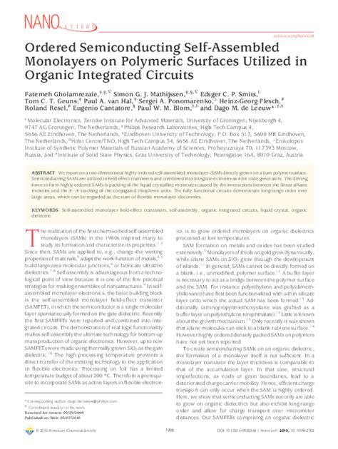 Pdf Ordered Semiconducting Self Assembled Monolayers On Polymeric Surfaces Utilized In Organic