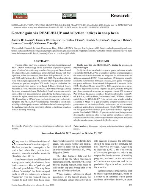 Pdf Genetic Gain Via Remlblup And Selection Indices In Snap Bean
