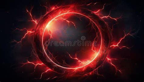 Abstract Red Lightning Circle On Dark Backdrop Mysterious Shape Stock