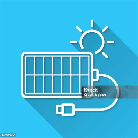 태양열 충전기 파란색 배경에 아이콘 긴 그림자가 있는 평면 디자인 3차원 형태에 대한 스톡 벡터 아트 및 기타 이미지 3차원 형태 Usb 케이블 개념 Istock
