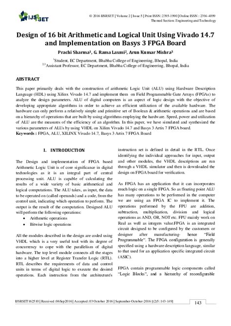 Pdf Design Of 16 Bit Arithmetic And Logical Unit Using Vivado 147 And Implementation On Basys