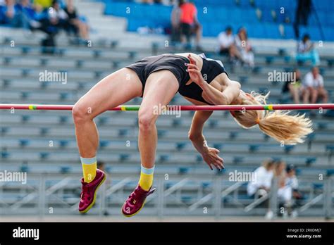 Close Up Girl Jumper High Jump In Summer Athletics Championships Stock