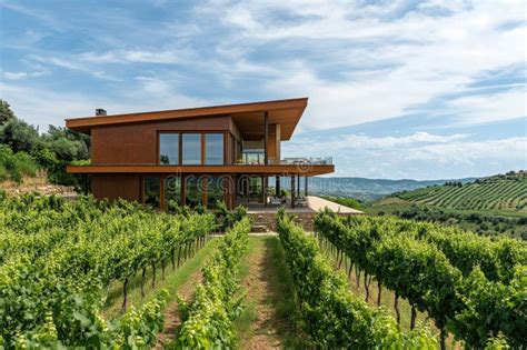 A Contemporary Winery Is Nestled Among Vibrant Green Vineyards Under A