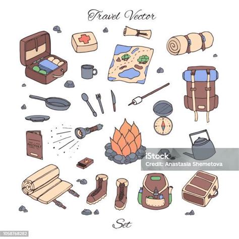 손이 그린된 벡터 캠핑 손전등 지도 응급 처치 키트 가방 배낭 모닥불과 침낭으로 설정 흰색 배경에 고립 컬렉션 여행 구급 상자에 대한 스톡 벡터 아트 및 기타 이미지