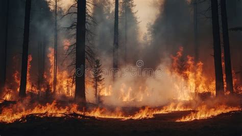 Wildfire Consuming Forest With Dramatic Smoke And Flames Stock Image