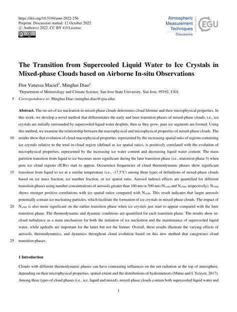 Pdf The Transition From Supercooled Liquid Water To Ice Crystals In Mixed Phase Clouds Based