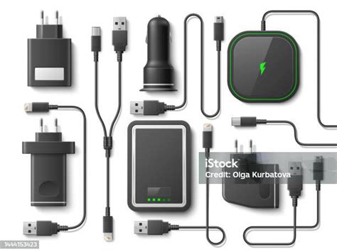 현실적인 전화 충전기 다른 유형의 소켓 무선 배터리 가제트 전원 공급 장치 다양한 포트 Usb 케이블 코드 및 전기 플러그가있는 케이블 3d 고립 된 단어 벡터 세트 3차원