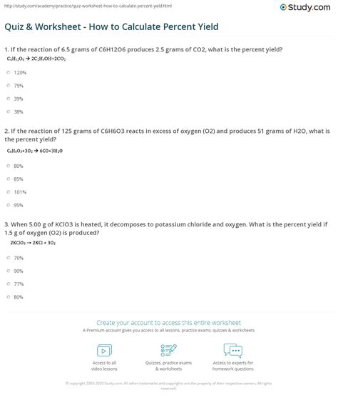 Quiz Worksheet How To Calculate Percent Yield Study Com