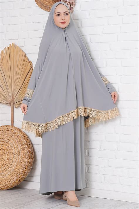 Fashion Women Guipure Detailed Prayer Set Ramadan Eid Hooded Muslim