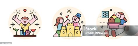 여름을 즐기는 사람들 윤곽선 스타일 캐릭터 디자인 칵테일을 만드는 바텐더 모래성을 쌓는 아이들 아이스크림을 든 소녀 개념에 대한