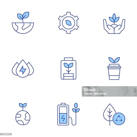 생태학 아이콘 세트입니다 라인 이중톤 스타일 편집 가능한 스트로크 에코 배터리 유압 에너지 재활용 생태 및 환경 커피 컵 식물 친환경 0명에 대한 스톡 벡터 아트 및 기타