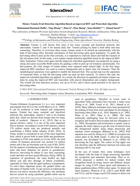 Pdf Mature Tomato Fruit Detection Algorithm Based On Improved Hsv And Watershed Algorithm