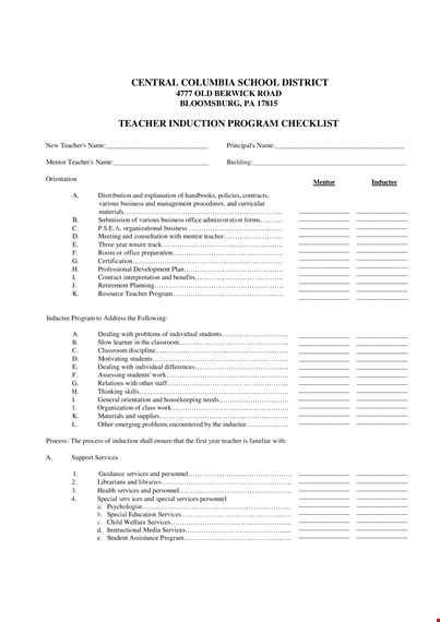 Teacher Induction Program Checklist