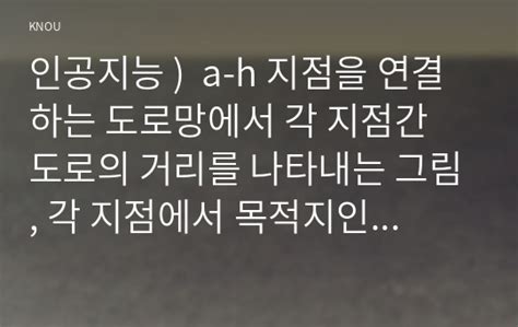 인공지능 A H 지점을 연결하는 도로망에서 각 지점간 도로의 거리를 나타내는 그림 각 지점에서 목적지인 H까지의 직선거리로 각 도시 방송통신대