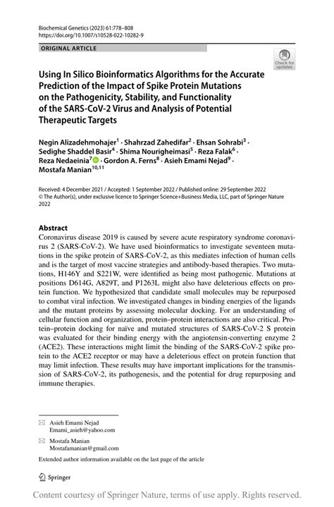 Using In Silico Bioinformatics Algorithms For The Accurate Prediction
