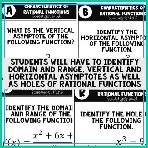 Characteristics Of Rational Functions Scavenger Hunt Find Asymptotes And Holes